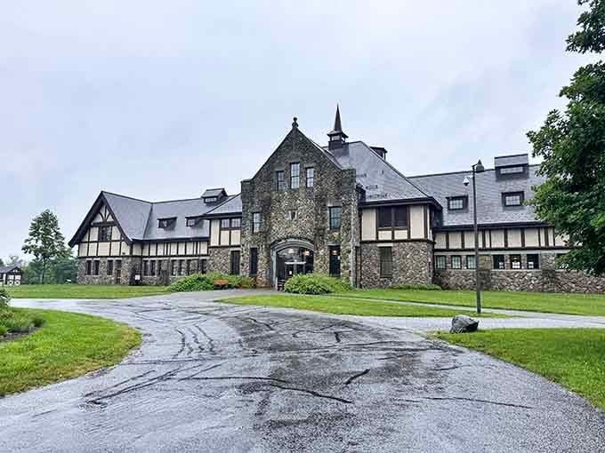 Rain-slicked pathways lead to stone and timber grandeur that wouldn't look out of place in the English countryside.
