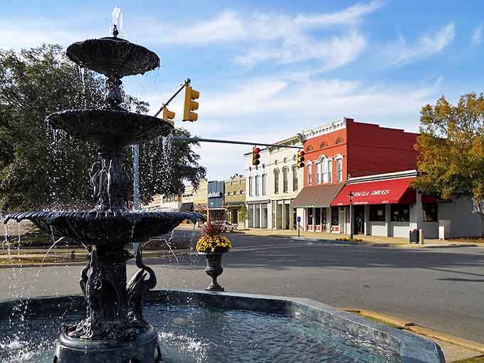 That ornate fountain adds European elegance to this Southern square, where neighbors gather and time moves at conversation speed.