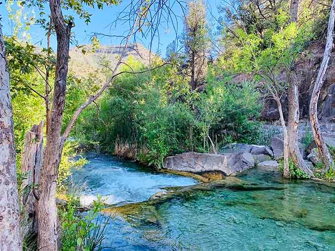 Crystal-clear water rushing over smooth rocks creates the kind of swimming hole people dream about finding.