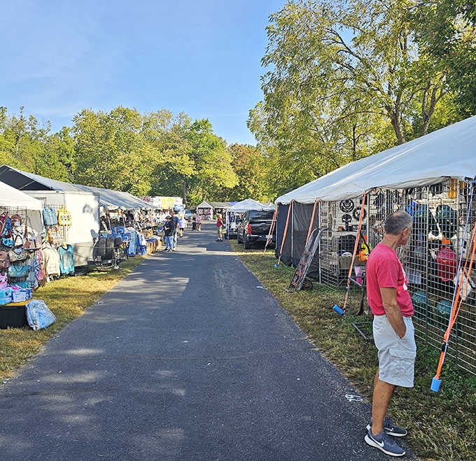 Golden afternoon light filters through the trees, turning this outdoor market into a treasure hunter's paradise under the leaves.