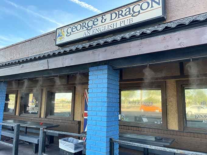 That bright blue column stands proud like a beacon guiding you toward proper fish and chips.