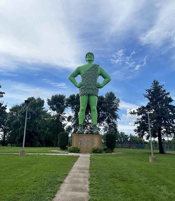The Jolly Green Giant stands tall in his leafy outfit, making vegetables heroic since your childhood.