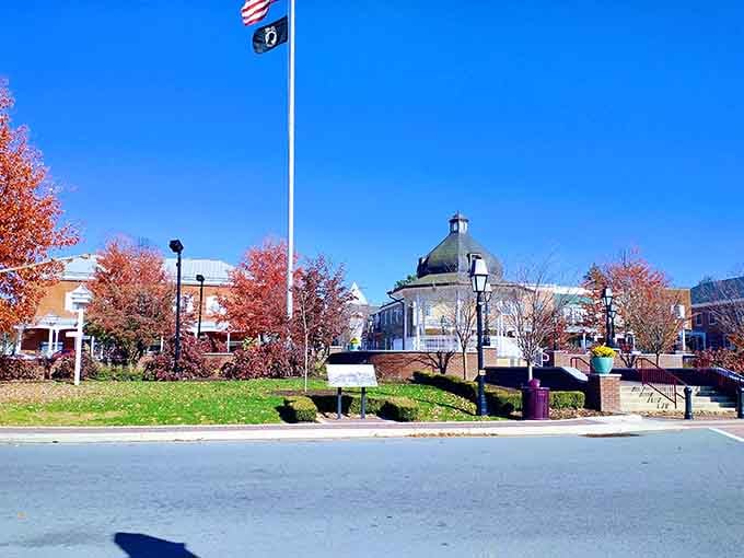 Autumn trees frame the town square perfectly, while that distinctive dome rises like a beacon of civic pride.
