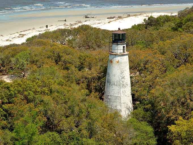 Nestled in coastal vegetation with pristine beach beyond, this weathered tower blends seamlessly into its wild island home.