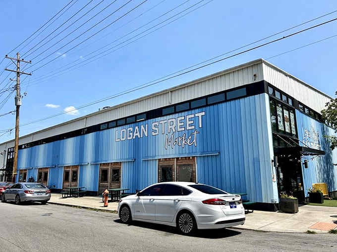 The cool blue exterior signals that something hip and creative is happening inside this revitalized industrial space.