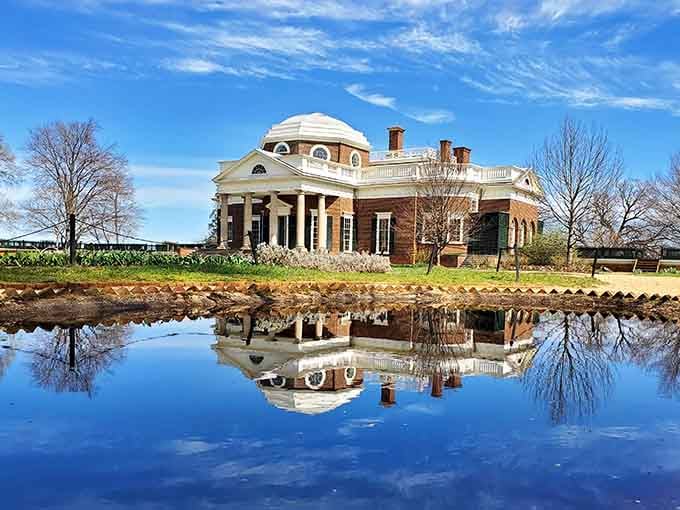 The dome reflecting in still water creates a mirror image worthy of any European palace garden.