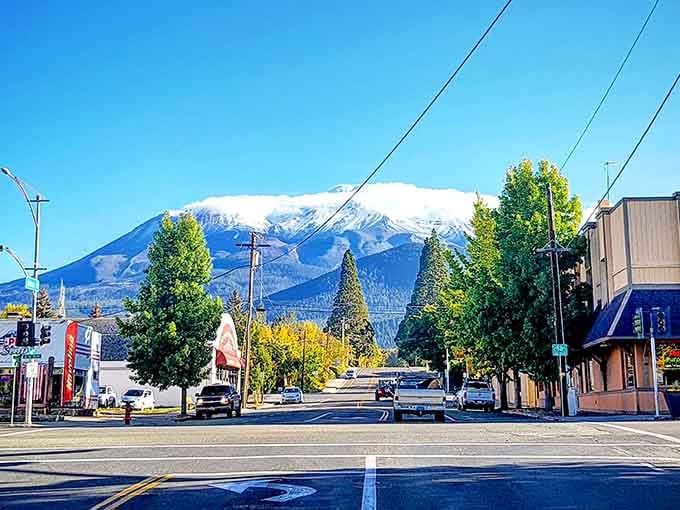 Mount Shasta dominates Main Street like a snow-covered sentinel reminding everyone who's really running this show.