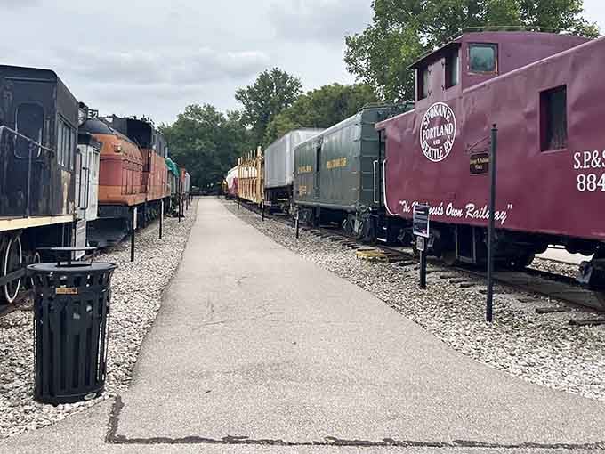 This peaceful pathway between restored locomotives invites you to explore America's railroad heritage at your own pace.