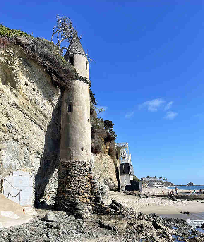 This weathered tower rising from the beach rocks looks like Rapunzel's hideaway crashed into the California coastline centuries ago.