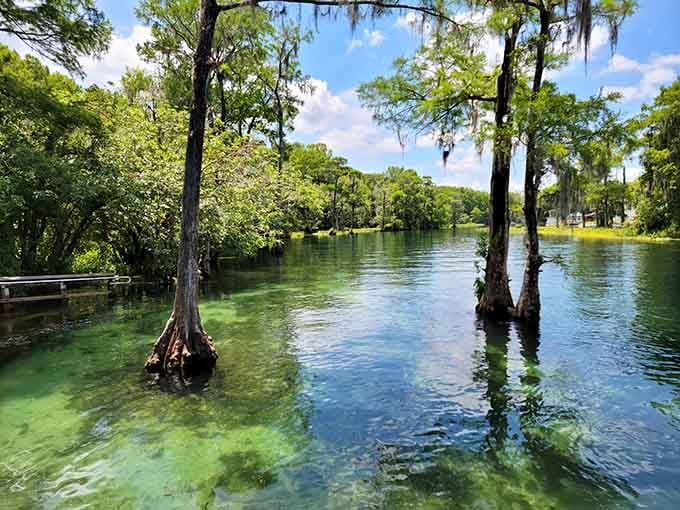 Cypress trees stand like sentries in water that shifts from emerald to sapphire depending on the light.