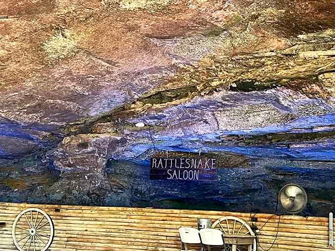 Dining beneath this massive natural rock ceiling feels like stepping into an Old West adventure movie.