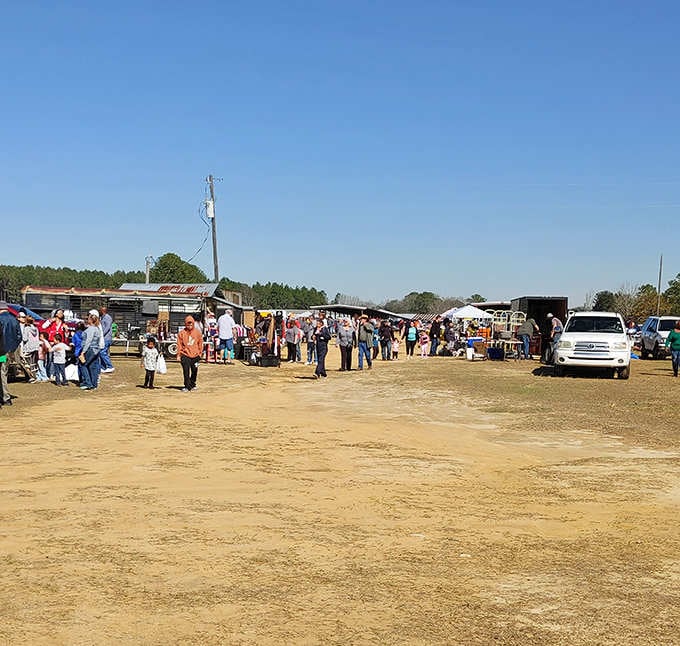 Vendors line both sides of this sandy lot where treasure hunters gather under perfect blue skies for weekend deals.