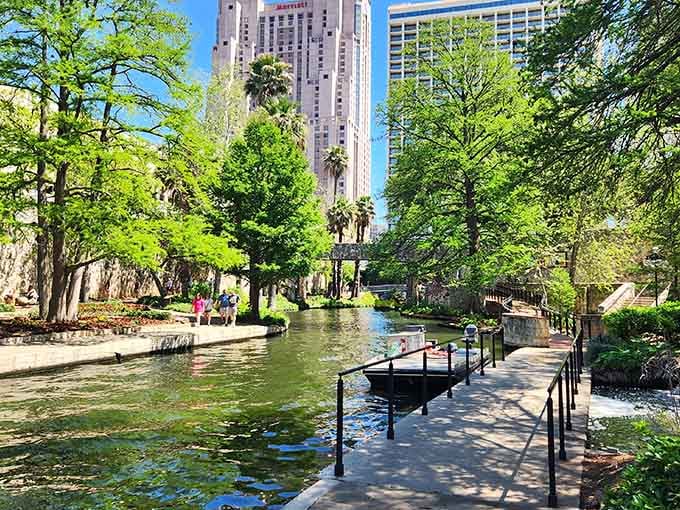 Shaded walkways follow the gentle river through downtown, where cypress trees create a peaceful escape below street level.