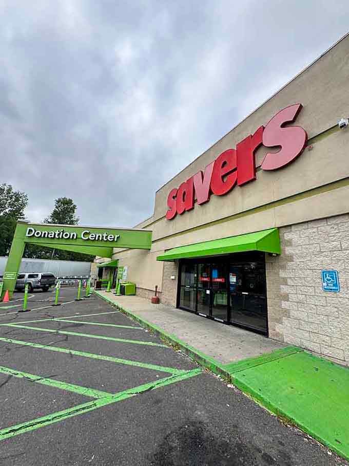 Those bright green accents guide you to the donation center where one person's castoffs become another's perfect find.