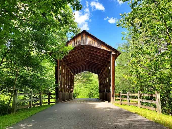 This covered bridge frames the forest ahead like a rustic portal to simpler times and quieter moments.