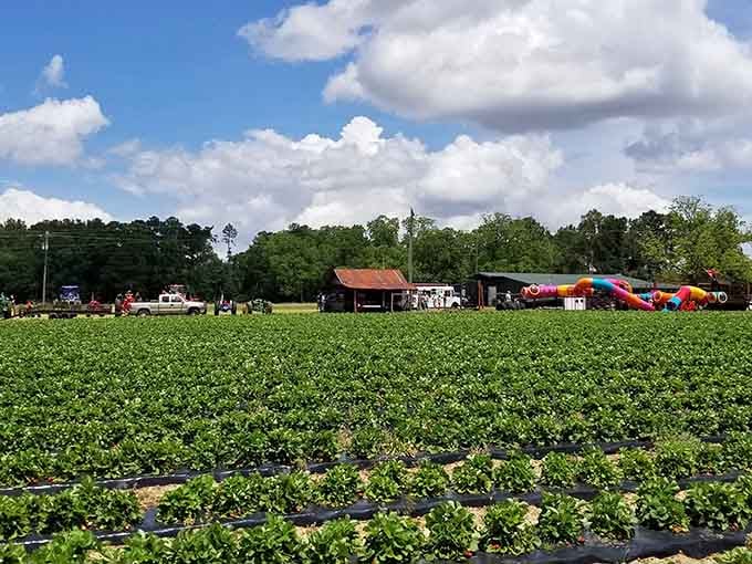Rows of strawberry plants stretch toward fluffy clouds &ndash; summer's sweetest treasure waiting to be picked.