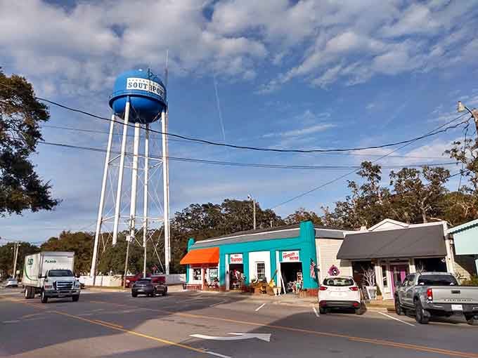 That bright blue water tower announces your arrival like a friendly lighthouse guiding you to coastal Carolina hospitality.