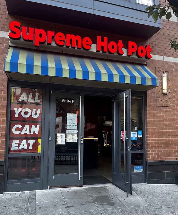 Bold red letters announce hot pot heaven where "All You Can Eat" becomes your new favorite phrase.