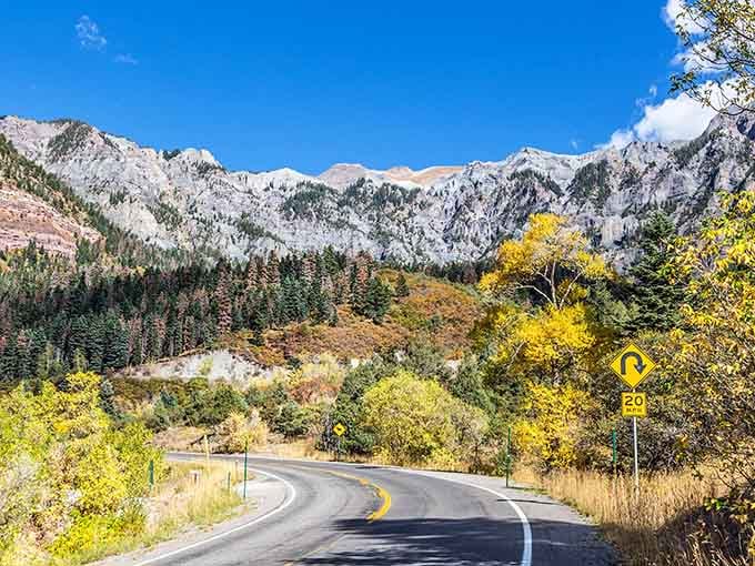 Autumn aspens paint the mountainsides gold as this winding road beckons drivers toward adventures that money simply cannot buy.