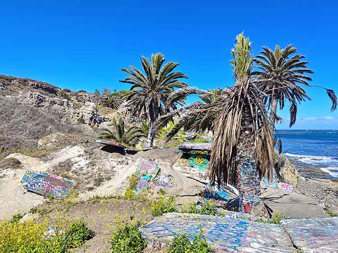 Graffiti-covered ruins tilt toward the sea where a neighborhood once stood before nature reclaimed it.