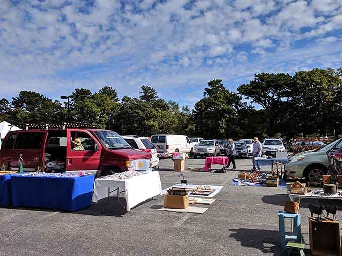 Cape Cod's perfect blue skies frame this outdoor market, where beach breezes mingle with the thrill of finding coastal treasures.