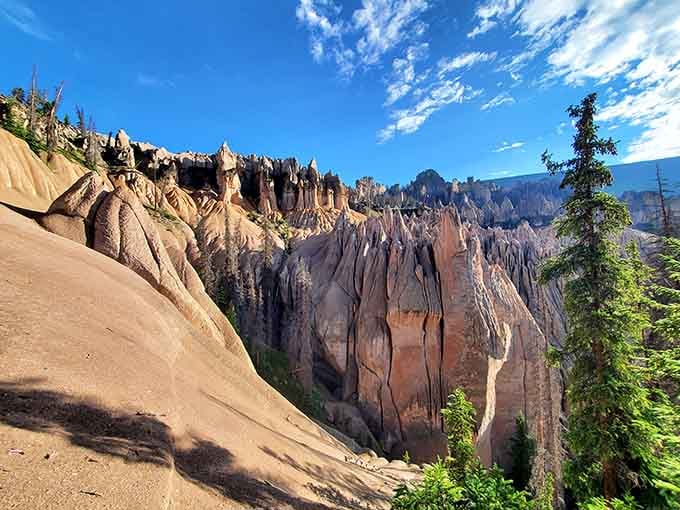 Volcanic spires stand like a petrified forest, their pale towers reaching skyward in nature's most surreal sculpture garden.