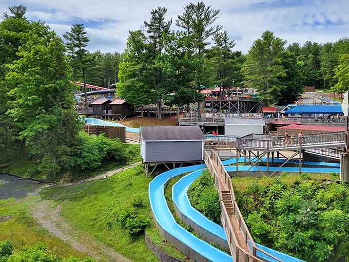 Blue slides curve through the forest canopy like water snakes, blending thrills with the peaceful green surroundings seamlessly.