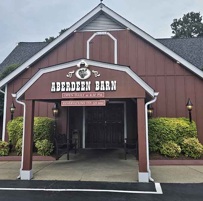 Daylight shows off the classic barn architecture that promises down-home hospitality and seriously satisfying steaks inside those doors.