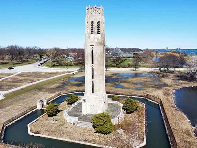 Belle Isle's iconic carillon tower rises like a lighthouse guiding visitors to this peaceful retreat within the city.