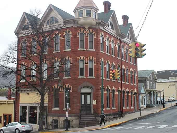 Red brick architecture with ornate details shows how beautifully small-town America was built to last.