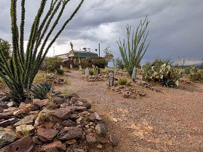 Desert plants frame the dusty path leading to abandoned buildings where dramatic storm clouds add to the eerie atmosphere.