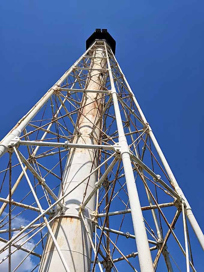 Looking up through that intricate ironwork feels like peering into a giant's geometric kaleidoscope against the endless blue.