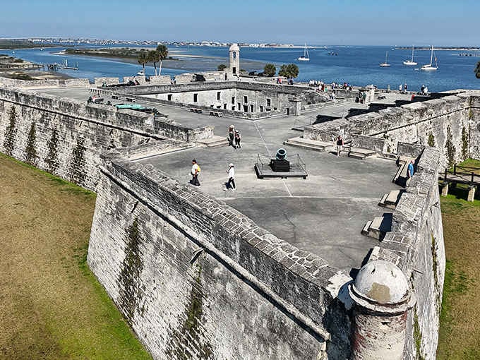 The view from these ramparts shows sparkling blue waters where Spanish galleons once sailed into the harbor below.