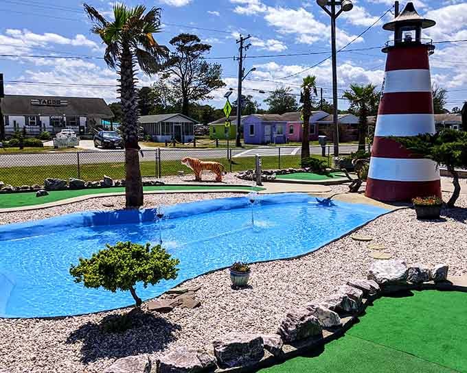 Mini golf with a lighthouse and palm trees proves that whimsy knows no geographic boundaries here.