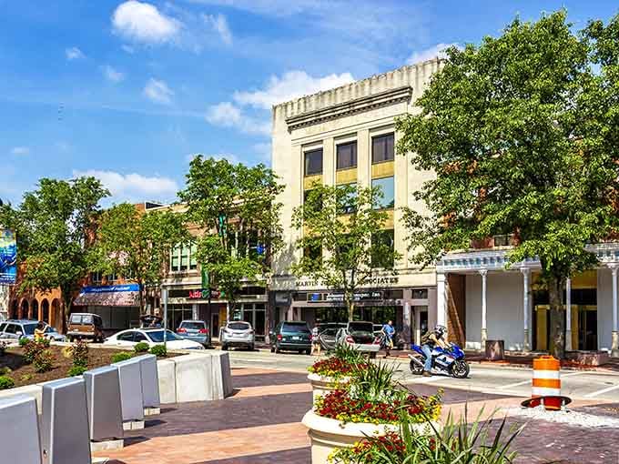 Downtown planters burst with color, proving someone here really cares about making things look welcoming.