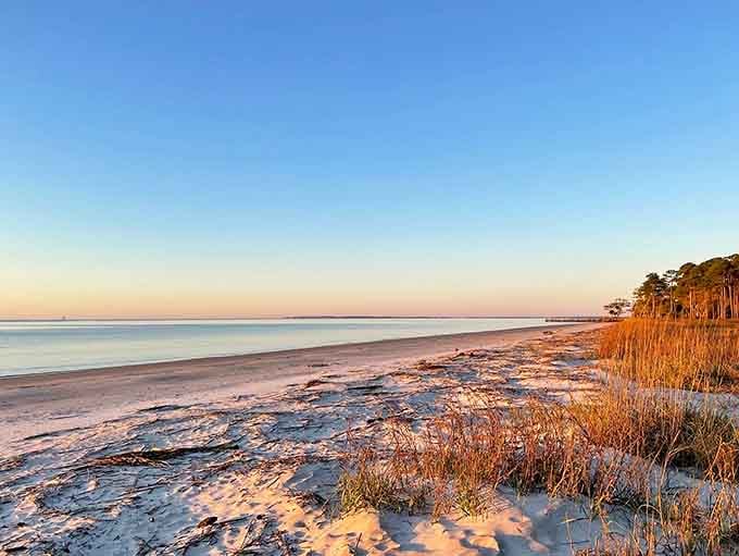 Golden hour bathes this pristine shoreline in warm light, making footprints in sand feel like a privilege.