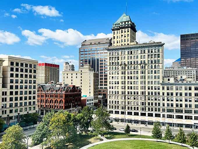 Historic facades stand proudly among newer neighbors, showing how preservation and progress can actually get along just fine.