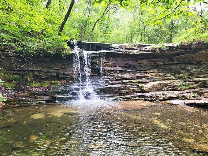 This gentle waterfall cascades over layered rock into a crystal-clear pool, offering the perfect spot for quiet reflection.