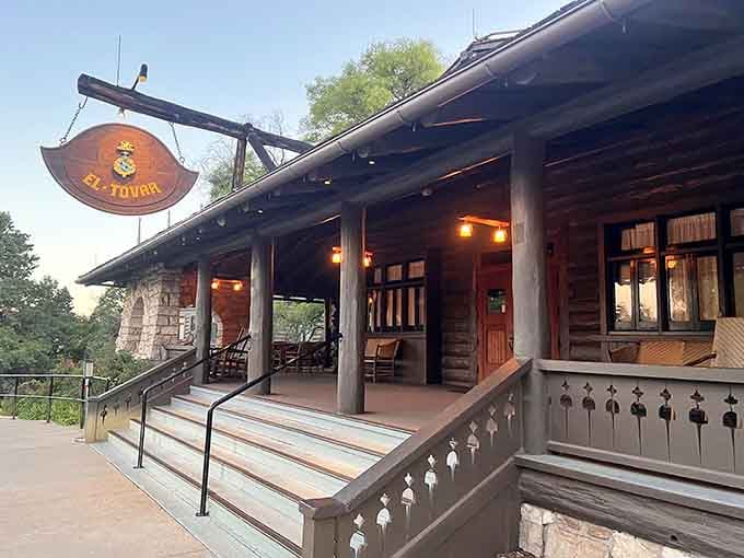 The rustic porch and warm lighting invite you inside where canyon views and fine dining create unforgettable memories together.