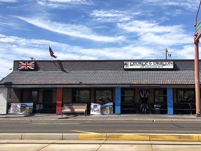 The Union Jack waves proudly above this slice of Britain transplanted to the Valley's sunny streets.