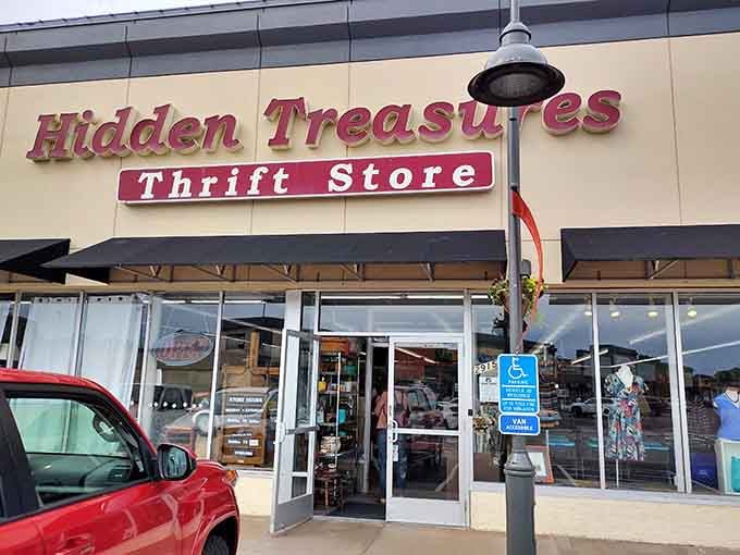 The open doors reveal glimpses of carefully curated items just beyond the threshold of this friendly thrift store.