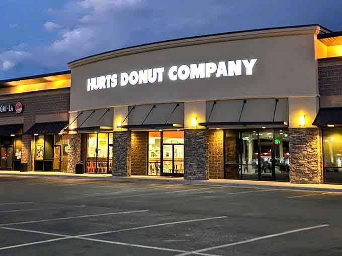 The evening glow makes this place look like a temple dedicated to the sacred art of donut worship.