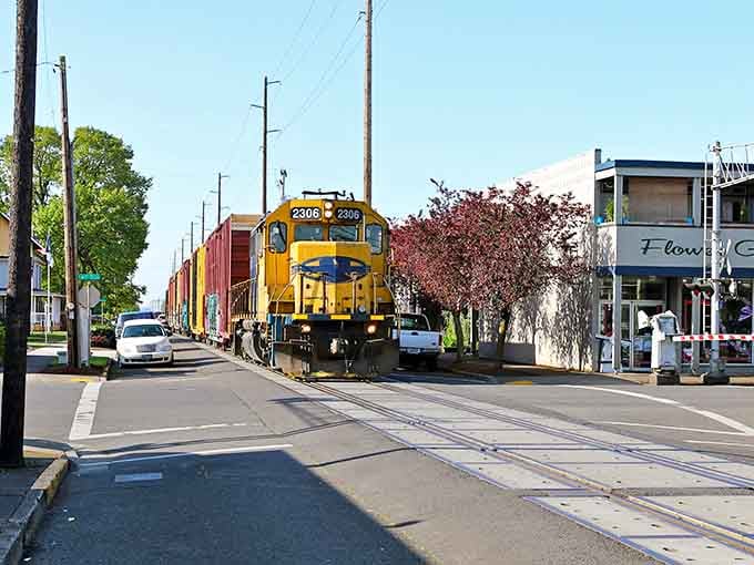 When freight trains roll through downtown, it's like watching two worlds collide in the most delightfully unexpected way.