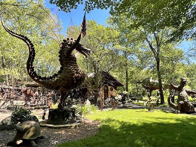 A whimsical dragon rises from recycled farm equipment, its scales gleaming with creative repurposing and pure imagination.