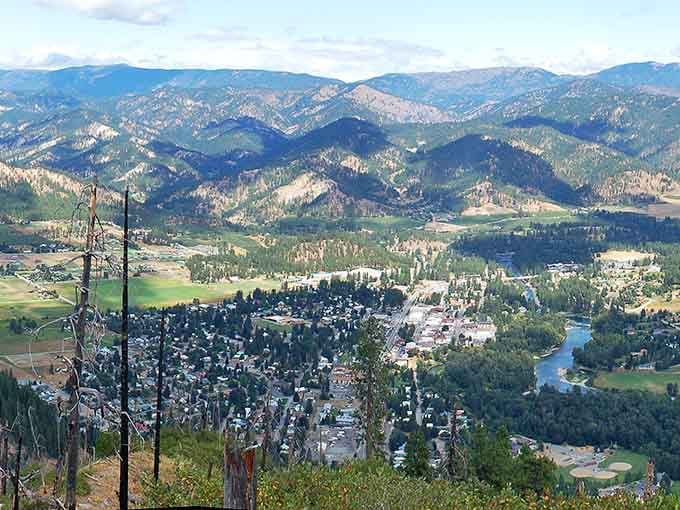 From above, this mountain-cradled town reveals its perfect blend of Old World charm and Pacific Northwest natural beauty.