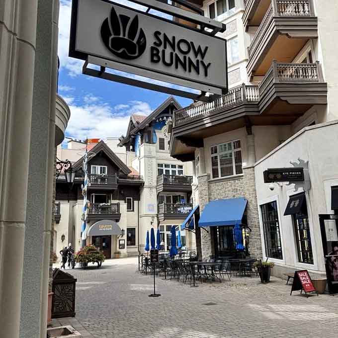 Cobblestone paths wind past European-inspired buildings where every corner reveals another charming architectural detail worth photographing.