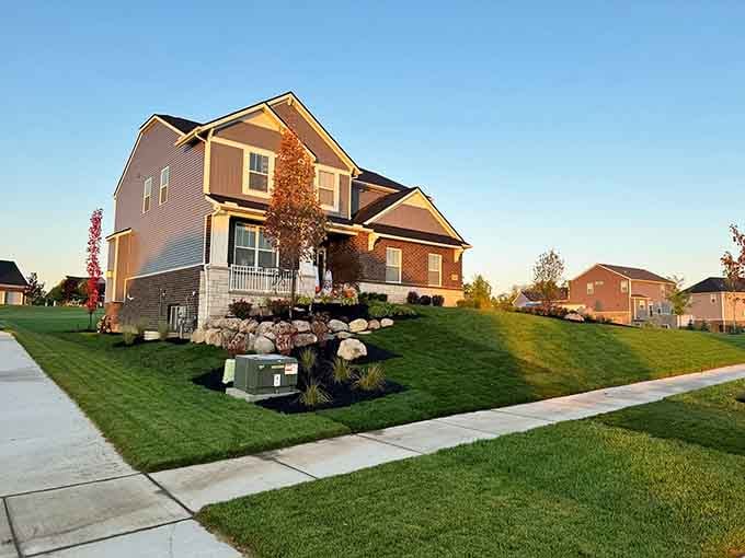 This Livonia home glows in golden light, showcasing the kind of well-maintained neighborhood where lawns are sources of pride.