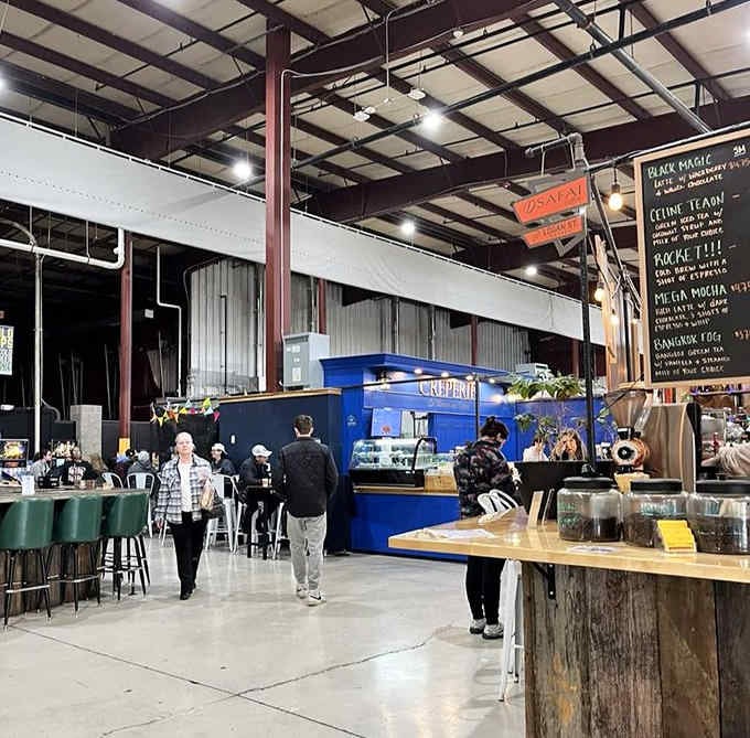 Industrial chic meets community gathering spot, where vintage shopping and great food create the perfect afternoon adventure.
