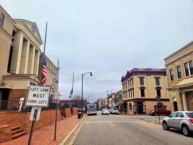 Classical columns frame a downtown that balances historic elegance with modern convenience for golden years living.