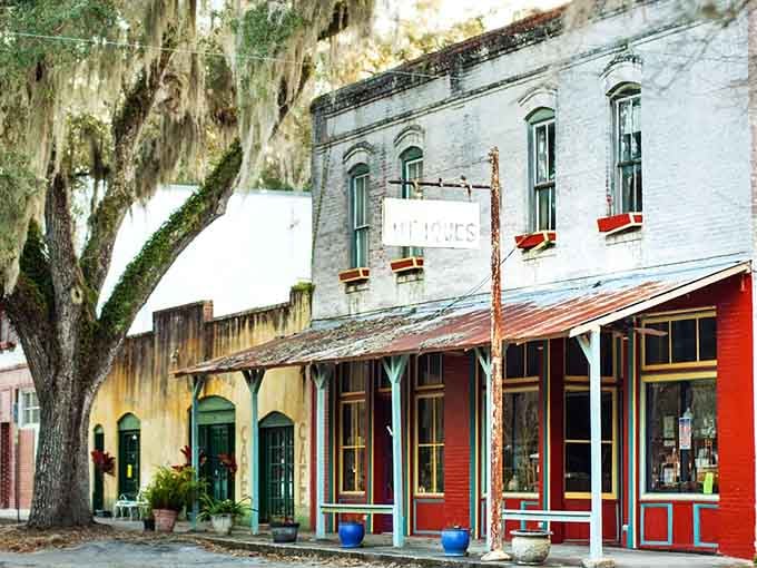Weathered brick and colorful awnings tell stories of simpler times when every town had character like this.